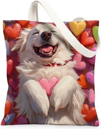 Generic Excellent sac fourre-tout en toile motif chien des Pyr&eacute;n&eacute;es pour faire du shopping 33 x 38,1 cm, sac &agrave; bandouli&egrave;re r&eacute;utilisable pour la Saint-Valentin