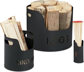 Relaxdays Relaxdays - Panier à bûches jeu de 3, pour bois de chauffage, dallumage et allumettes, corbeille d. 37 / 19 / 6,5 cm,noir