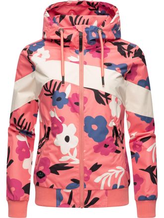 Ragwear leichte wasserdichte Damen &Uuml;bergangsjacke kurz Bomberjacke mit Allover-Print und Kapuze Nuggie Block Flower Coral Gr. L