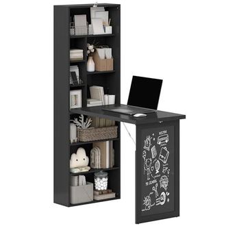 HOMCOM Bureau avec biblioth&egrave;que et tableau noir, bureau peu encombrant avec plateau pliant en bois de pin, table de travail avec &eacute;tag&egrave;res r&eacute;glables, pour cha