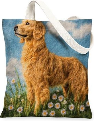 Generic Sac fourre-tout en toile motif chien Golden Retriever pour faire du shopping, 33 x 38,1 cm, sac d&eacute;picerie r&eacute;utilisable pour femme, sac d&eacute;picerie amusa