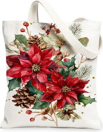 Generic Sacs fourre-tout festifs en toile, motif floral poinsettia, sacs de courses respectueux de lenvironnement, style vintage &eacute;l&eacute;gant, l&eacute;ger et r&eacute;utilisabl