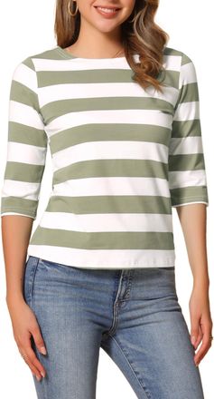 Allegra K Damen Gestreiftes Shirt U Boot Ausschnitt Halbarm Party Ferien Streifen Top Bluse Bohne Gr&uuml;n Wei&szlig; XS