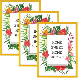 MG Design Set aus 3 Gelb Bilderrahmen 50 x 70 cm - Aus echtem Holz mit Acrylglas, zum Aufh&auml;ngen & Aufstellen, f&uuml;r Fotos, Poster & Puzzle