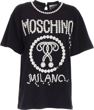 Moschino T-Shirt COUTURE Milano mit Faux Perlen Top Dekorativer Perlenbesatz am Rundhalsausschnitt