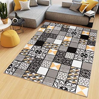 Tapiso Maya Tapis Poil Court Moderne Jaune Gris Noir G&eacute;om&eacute;trique Motif Patchwork Tapis Salon Chambre Salle &agrave; Manger Adulte Bureau Oeko-TEX R&eacute;sistant 80 x 150
