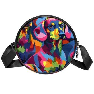 Generic Petit sac &agrave; bandouli&egrave;re rond pour femme, motif teckel avec fermeture &eacute;clair, bretelles r&eacute;glables, sac &agrave; main rond d&eacute;contract&eacute; pour femmes et filles