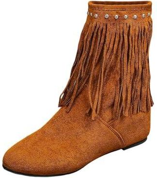 Generic Bottes de veau larges pour femme &agrave; franges d&eacute;contract&eacute;es &eacute;l&eacute;gantes de couleur unie talon plat confortables &agrave; enfiler avec augmentation interne, marron