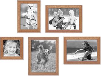 Photolini Bilderrahmen-Set Holz Eiche-Optik Landhaus-Stil, 5er Set Holz-Rahmen, Made in Germany, Echtglas, zum Aufh&auml;ngen, mit Zubeh&ouml;r - perfekt f&uuml;r Familienfoto