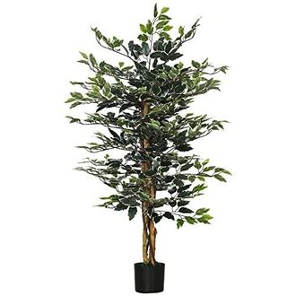 HOMCOM Plante Artificielle ficus Hauteur 1,3 m Tronc Branches Liane Lichen Feuilles Grand r&eacute;alisme Pot Inclus