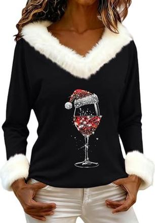 Generic Sweats de No&euml;l &agrave; col en V en Fausse Fourrure pour Femme, Chemisiers dhiver d&eacute;contract&eacute;s Confortables et Chauds avec col en Peluche imprim&eacute; P&egrave;re No&euml;l &agrave;