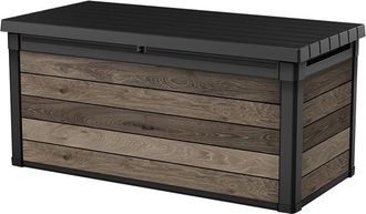 Keter Signature Aufbewahrungsbox 570L Walnuss - Gartenbox mit Holzoptik & Sitzfunktion - Wetterfeste Kissenbox mit Gasdruckfedern