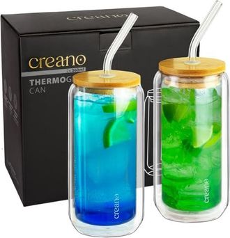 Creano Verre à double paroi avec couvercle en bambou et paille - 360 ml - Lot de 2 - Gobelets à smoothie - Bubble Tea - Verre à cocktail