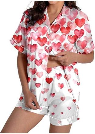 Generic Ensemble de pyjama &agrave; manches courtes et col en V imprim&eacute; avec poche boutonn&eacute;e pour la Saint-Valentin 2026, Rouge, XXL
