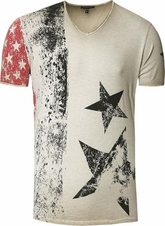 Rusty Neal Herren T-Shirt USA Stars and Stripes V-Neck Regular Fit Rundhals Verwaschen S M L XL XXL 3XL 236, Farbe:Beige, Größe:XXL