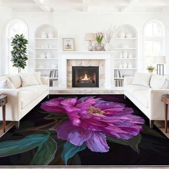 Generic Tapis Motif Plante Pivoine en Gros Plan - 160 x 230 cm Antid&eacute;rapant Doux dint&eacute;rieur Tapis &agrave; Poil Ras pour Salon Chambre Salle de Jeux - Noir Lavable e