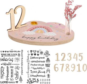 Baymate Geburtstagsteller aus Holz mit Kerzenhalter Vase Holzzahlen 0-9 G&auml;stebuch Geburtstagsdeko Geburtstag Geburtstagsdeko Geburtstagsgeschenk Requisiten f&uuml;