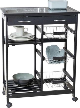 WENKO Desserte sur Roulettes Bon App&eacute;tit Wenko 2 &eacute;tag&egrave;res, 3 paniers, 2 tiroirs, Plateau verre, Charge 40kg, M&eacute;tal et mdf, 67x86,5x35cm, Noir et Blanc