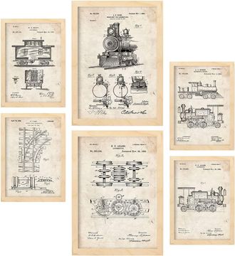 Nacnic Set von 6 Plakaten mit Zug Patenten. Plakate mit Retro-Patentabbildungen. Inneneinrichtung im Vintage-Stil. Grösse A4 und A3. Mit Rahmen