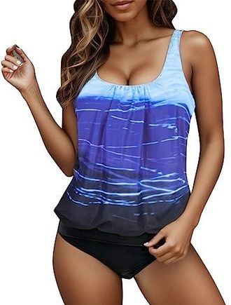 Generic Ensemble tankini 2 pi&egrave;ces pour femme avec short gainant - Maillot de bain basique taille haute imprim&eacute; - Maillot de bain vintage pour piscine, bleu, X