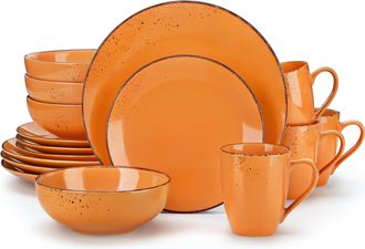 VANCASSO NAVIA Keramikgeschirr-Set, 16-teiliges Steinzeug-Set f&uuml;r 4 Personen, gesprenkelt, mit Speisetellern, Salattellern, Sch&uuml;sseln, Tassen, Orange