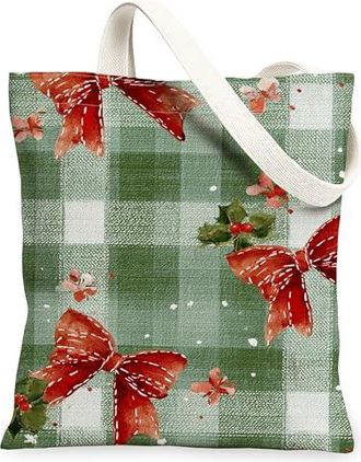Generic Sacs fourre-tout en toile avec noeud de No&euml;l, imprim&eacute; floral, r&eacute;utilisables, vintage, l&eacute;gers, lavables avec bandouli&egrave;re, vert, 13x15 Inch