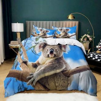 Generic Koala Gris Animal Housse de Couette 90 x 190 cm, Ciel Bleu Parure de Lit avec Fermeture &Eacute;clair - Microfibre Doux Housse de Couette avec 2 Taie doreill