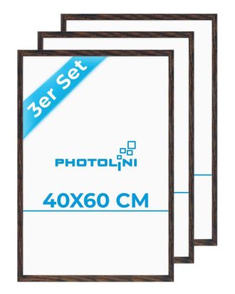 Photolini Bilderrahmen 40x60 Eiche dunkle 3er Set Holz MDF, Bilderrahmen 60x40, picture frame 40x60 mit bruchsicherem Acrylglas zum Aufh&auml;ngen, Rahmen 60x40 mit 