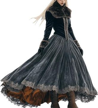ORANDESIGNE Femme Robe Longue Vintage en Velours Robe Western à Manches Longues Tenue Western Vêtements Country Élégante B Dunkelgrau XXL