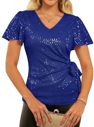 Grace Karin Femme Haut Chic &Agrave; Sequins Blouse Soir&eacute;e &Eacute;l&eacute;gante &Agrave; Paillettes Top De F&ecirc;te Col en V Manches &Agrave; Volants Courtes Bleu Royal XXL