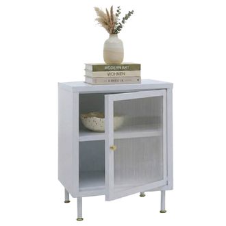 Mendler Nachttisch HWC-O87, Beistelltisch Nachtschrank Schrank, Industrial Stauf&auml;cher Metall Schilfglas 55x41x41cm - wei&szlig;