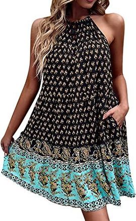 Generic Robe boh&egrave;me 2026 pour femme - Imprim&eacute; floral - Robe d&eacute;t&eacute; sans manches &agrave; bretelles - Mini plage, Noir, M