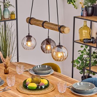 HOFSTEIN Pendelleuchte Koyoto, Hängelampe aus Metall/Holz/Riffelglas in Schwarz/Natur/Rauch/Bernstein/Klar, Hängeleuchte im Retro-Design mit Glasschirmen (Ø 15