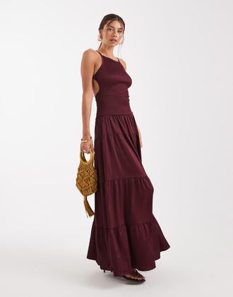 WeWoreWhat Gesmoktes Maxikleid in Pflaume mit tiefer Taille-Lila