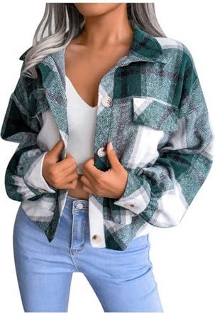 Generic Vestes pour femmes 2026 - Manteau en laine &agrave; carreaux d&eacute;contract&eacute; - Manches longues, Vert, XL