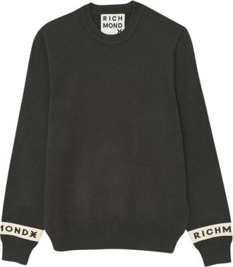 John Richmond Homme, Pulls, Vert, Taille: M Pull en laine vert à col rond avec poignets logo