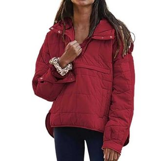 Generic Manteau surdimensionn&eacute; l&eacute;ger &agrave; capuche en coton pour femme, veste de loisirs confortable et coupe-vent, Rouge-a, XXL