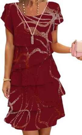 Onsoyours Femmes Été Robe en Mousseline Col Rond Élégante Robes De Soirée Fleurs Impression À Manches Courtes Volants Léger Et Respirant Mini Dress Décontracté 