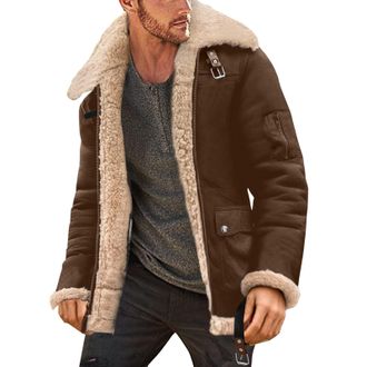Generic Wildleder Mantel Herren Gefüttert Wildlederjacke Lässige Lederjacke mit Taschen Männer Felljacke Cowboy Jacke Vintage Leder Fliegerjacke Retro Winterj