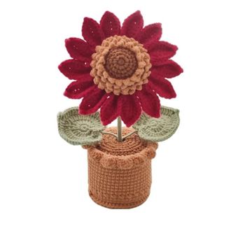 Generic künstliche Sonnenblume gestrickt handgewebt Sonnenblumen Häkelblumen Handgestrickte Tulpenblume Topfwolle Gewebte Blumen Desktop Ornament(Red Sunflowe