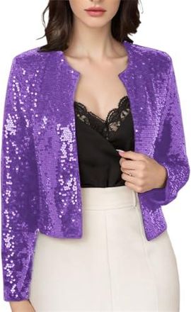 Generic Blouson bomber &agrave; paillettes &agrave; manches longues et fermeture &eacute;clair pour femme avec poches, tenue de f&ecirc;te scintillante, violet, XXL