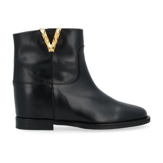 Via Roma 15 Schwarzer Lederstiefelette mit facettiertem Metall-V - - Shoes - Damen - Schwarzk - 36 1/2 EU