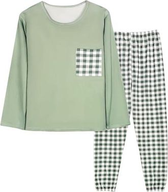 Generic Ensemble de nuit en coton &agrave; col rond pour femme - Pyjama confortable en coton doux &agrave; manches longues et pantalon imprim&eacute; &agrave; carreaux avec poche - V&ecirc;tem