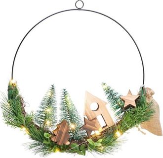Com-Four Couronne LED avec Paysage Hivernal - Couronne en m&eacute;tal de 30 cm avec 20 LED Blanc Chaud - &Eacute;clairage d&eacute;coratif avec Maison dhiver et Arbres (Couronne L
