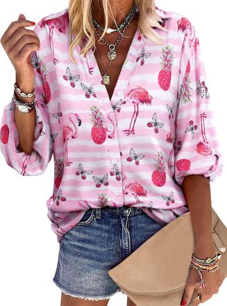 Dresswel Hawaii Hemd Damen Hawaiihemd 3/4 &Auml;rmel V-Ausschnitt Sommer Bluse Ananas Blumen Druck Kn&ouml;pfe Hemdbluse Strandshirt Hawaii Outfit Tuniken Blusenshirt To
