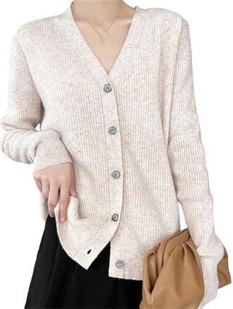 Generic Femmes Printemps Chic Col V Ray&eacute; Cachemire Cardigan Pull Manches Longues Tricot Manteaux, beige, Taille XS