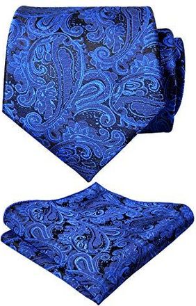Alizeal Paisely Cravate + Mouchoir de Poche avec Fond Noir (Bleu Royal)