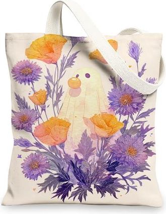 Generic Sacs fourre-tout en toile fantaisie, motif fantôme mignon, sacs dépicerie réutilisables, légers et lavables avec bandoulière, beige, 13x15 Inch