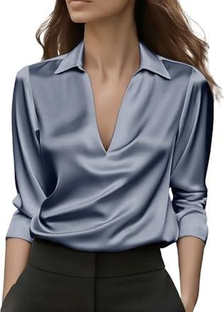 Generic Chemisier en satin pour femme avec col en V &eacute;l&eacute;gant, boutonnage, manches longues, d&eacute;contract&eacute; pour le travail, ample, S