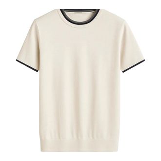Paolo Pecora Homme, Tops, Beige, Taille: M Pull Col Rond en Soie et Coton Blanc